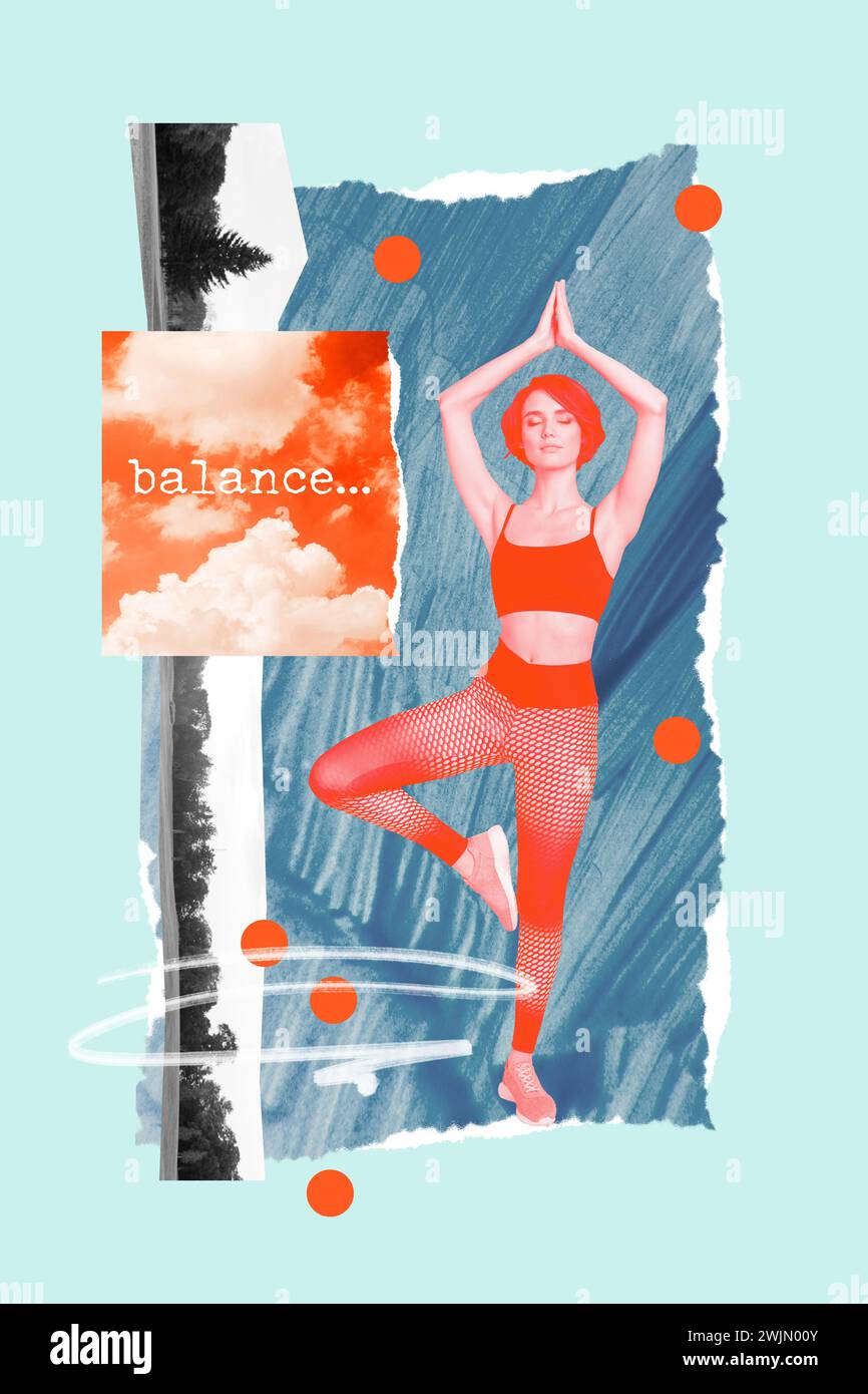Vertical collage photo yoga coach female standing in asana pose one leg ...