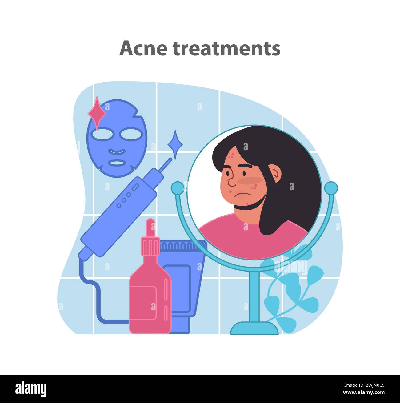 Focused acne treatment process. Woman reviewing her facial skin ...