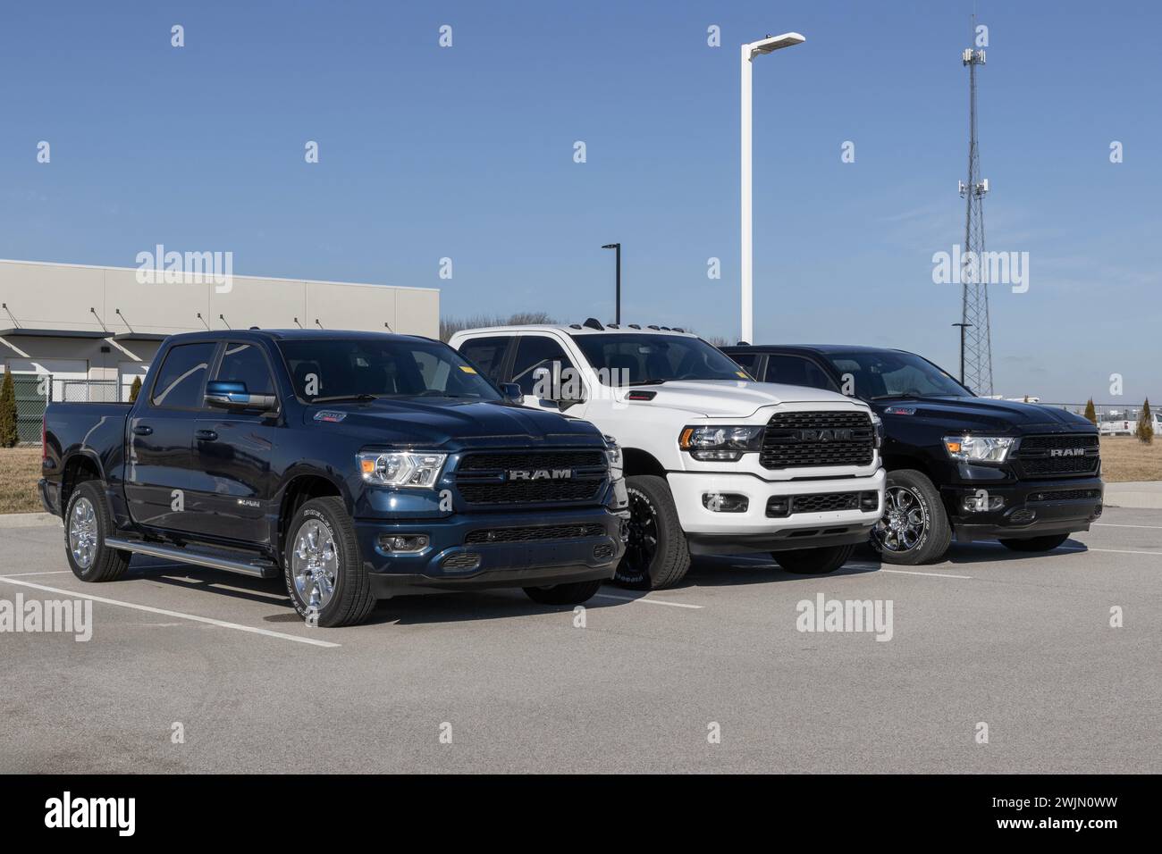 Tipton - February 11, 2024: Ram 2500 and 1500 pickup truck display at a ...