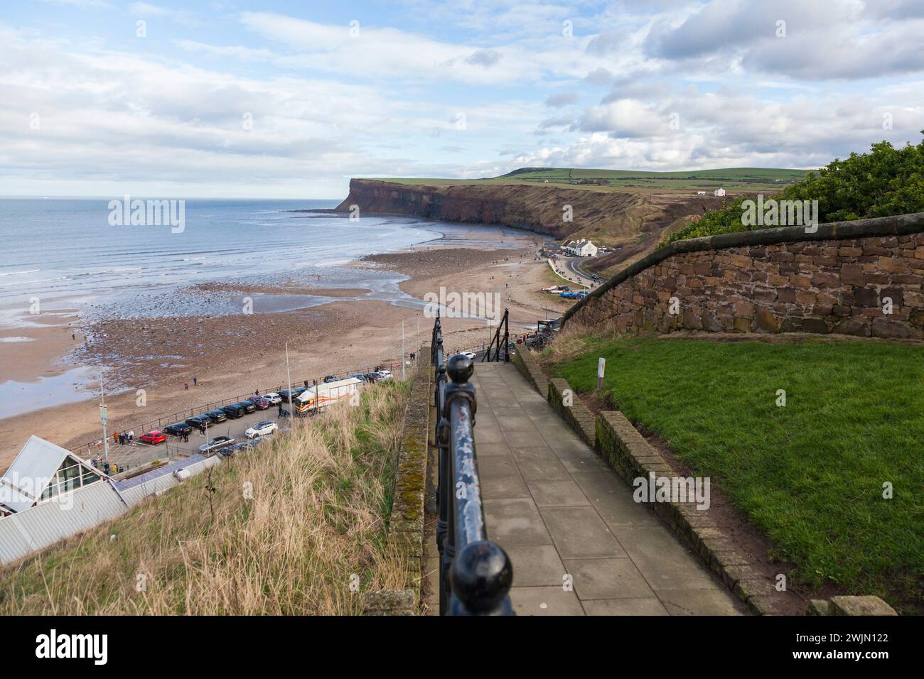 Elevated view of Saltburn,England,UK with steep steps leading to the ...