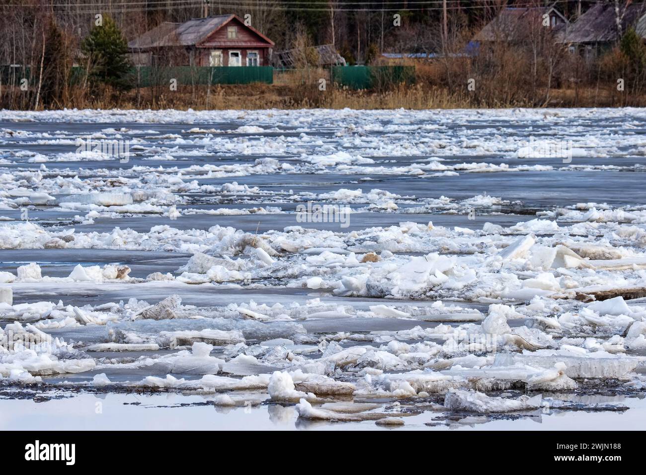 A landscape of an ice drift (ice-boom, debacle) on the northern river ...