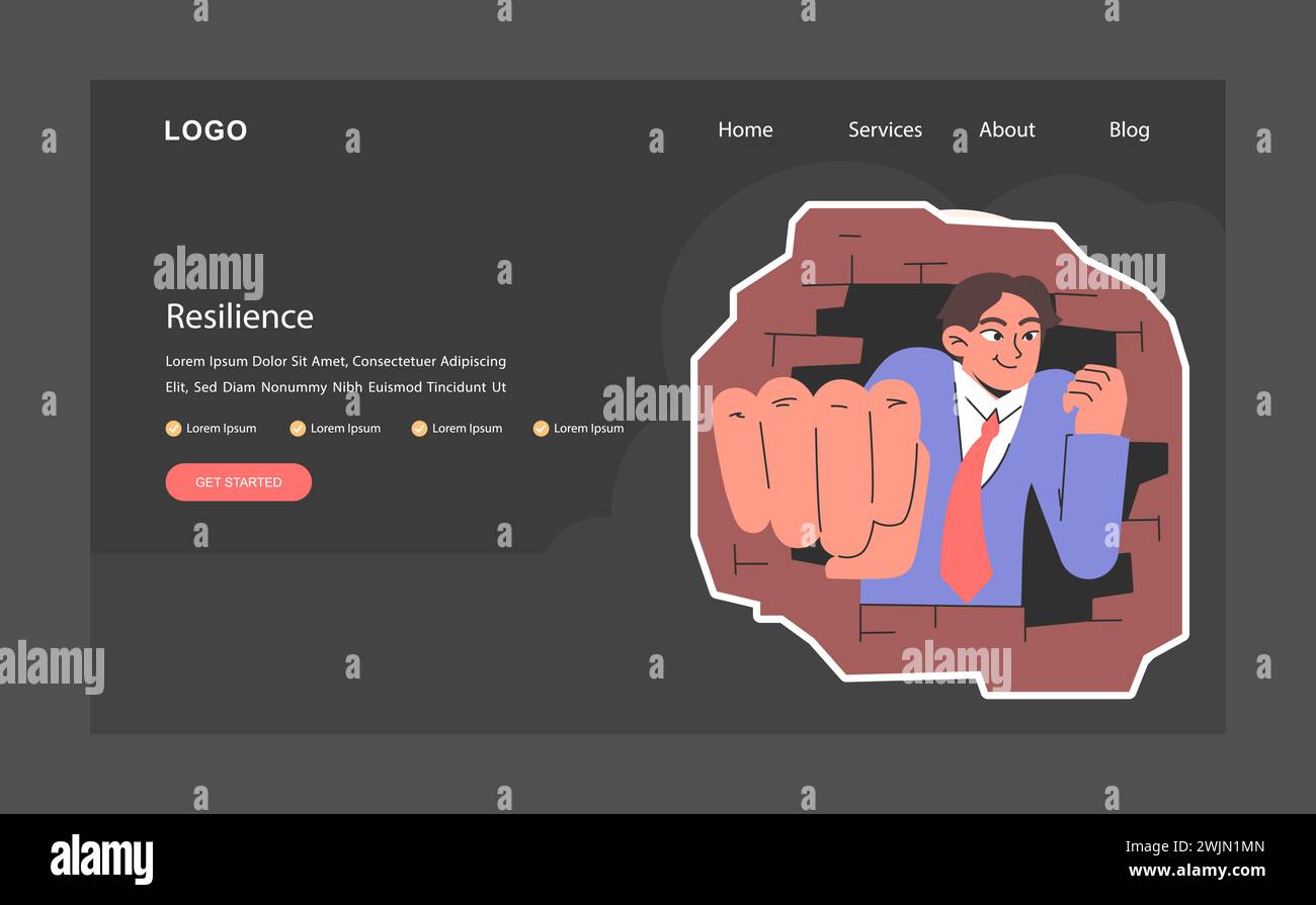 Stress resilience night or dark mode web banner or landing page. Employee breaking through ...