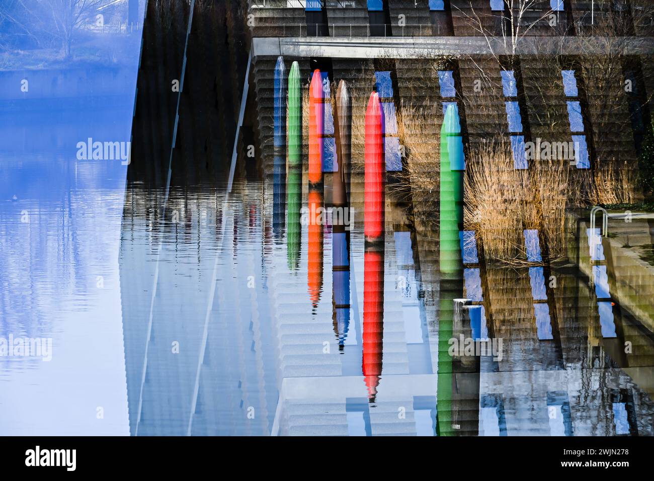 Coloured mooring posts along the Waterwork River. Multiple exposure ...