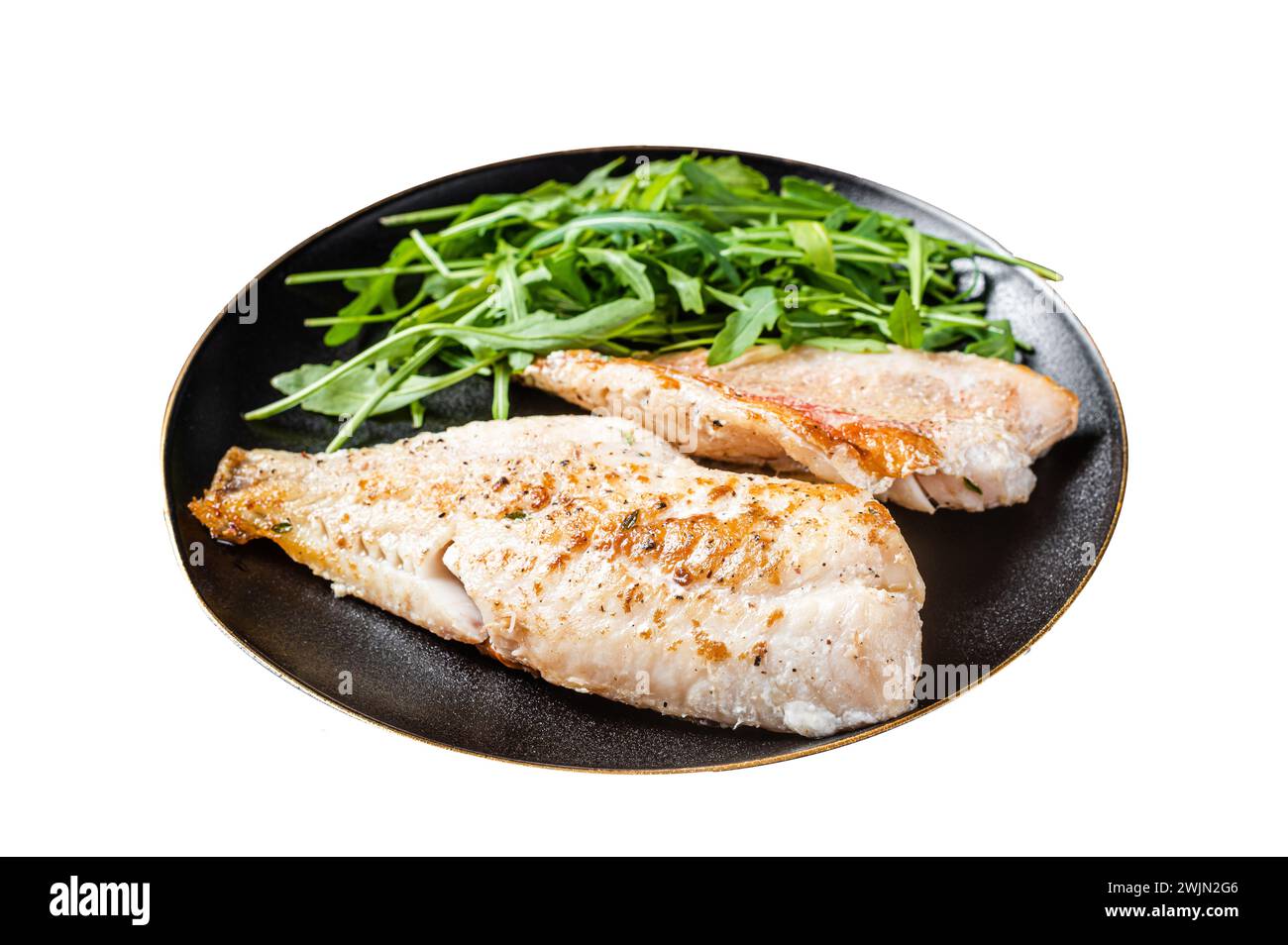 Roasted Snapper, sea red perch fillet on a plate with salad. Isolated ...