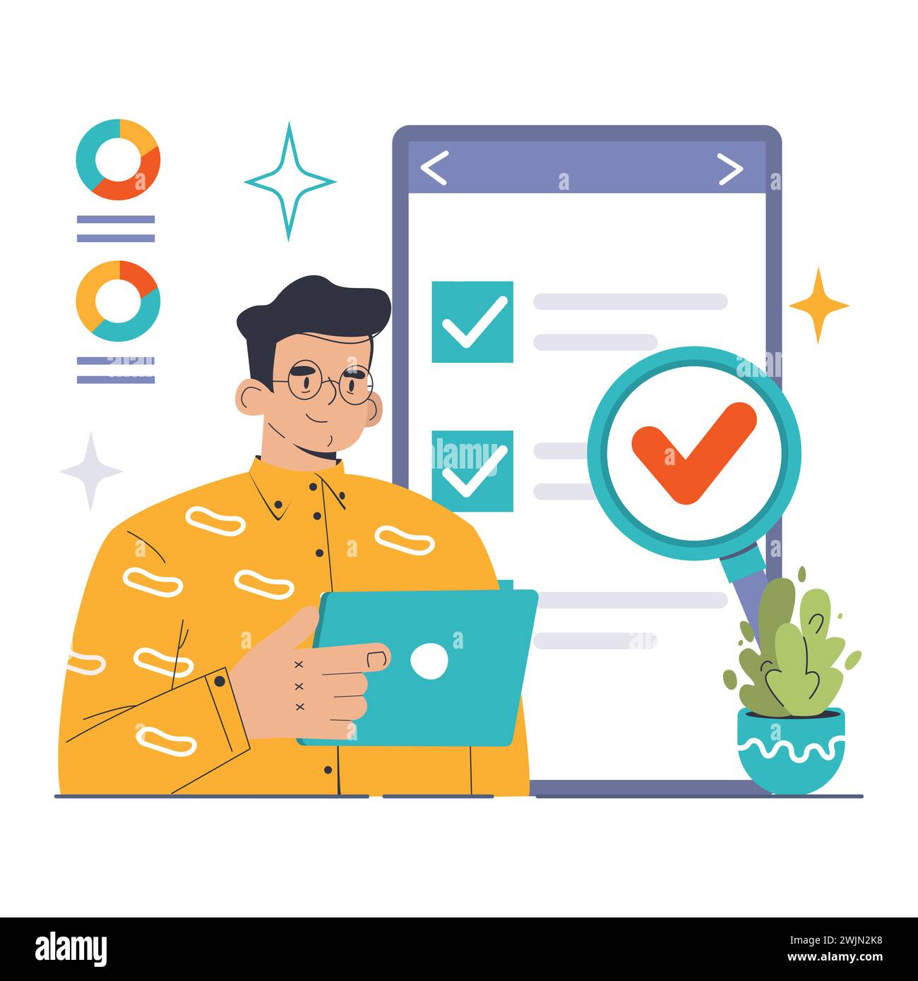 Quality Assurance concept. Expert with clipboard checking off completed ...