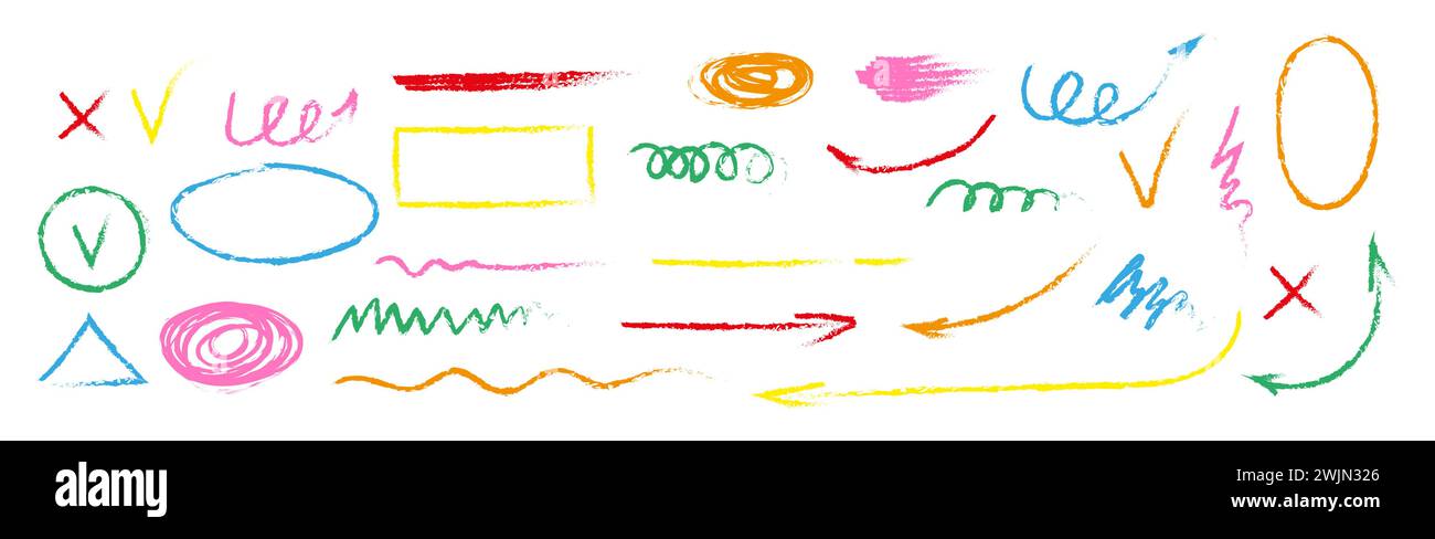 Crayon arrow, strike through underlines set vector. Chalk arrow ...