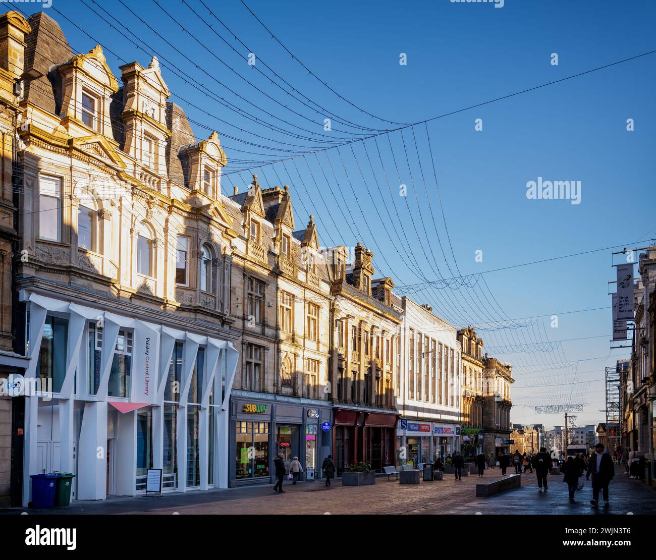 Paisley High Street in the town centre during winter on a sunny day ...