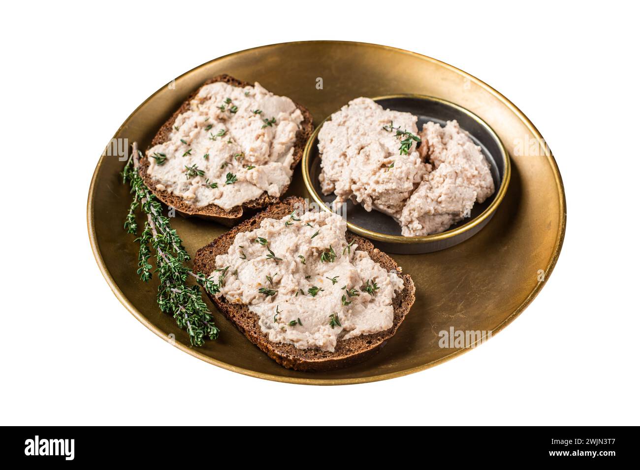 Toasts with Cod liver Spread pate on a plate. Isolated on white ...