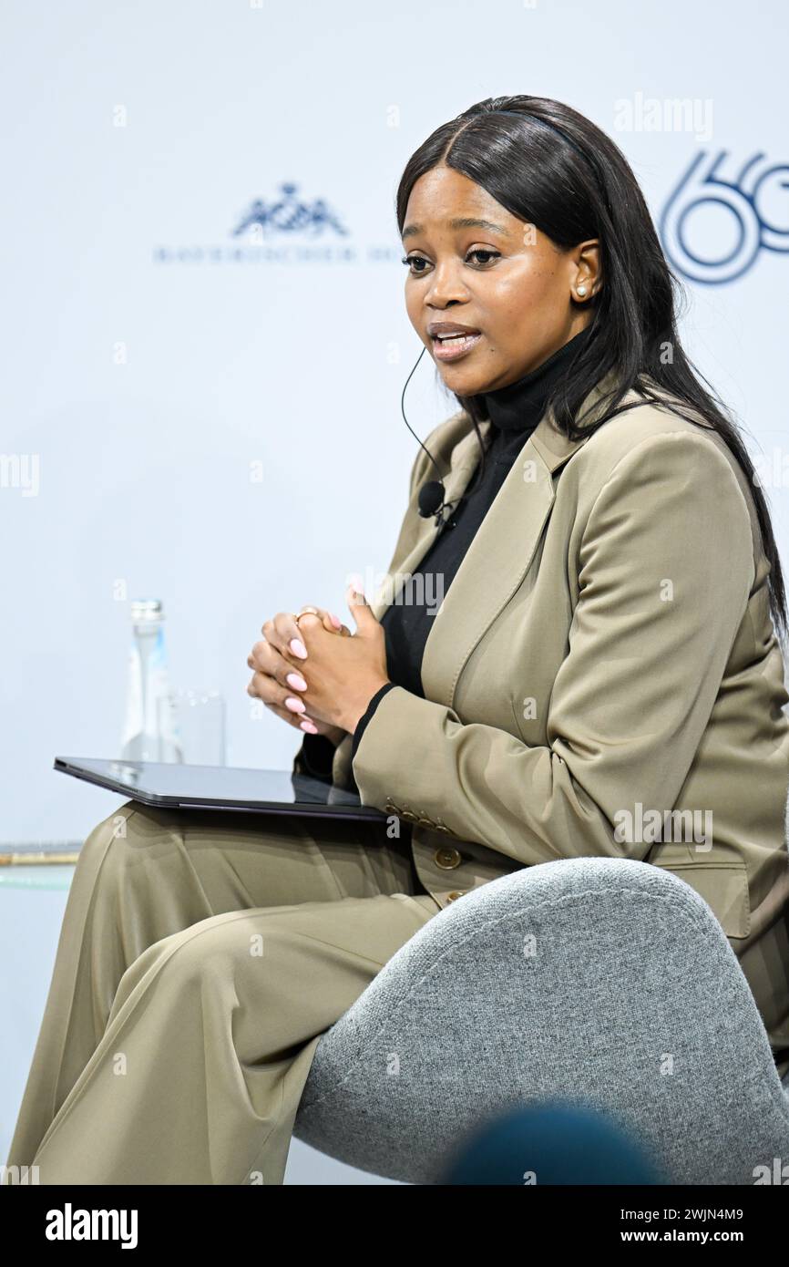 Munich, Germany. 16th Feb, 2024. Bogolo Kenewendo, moderator, recorded ...