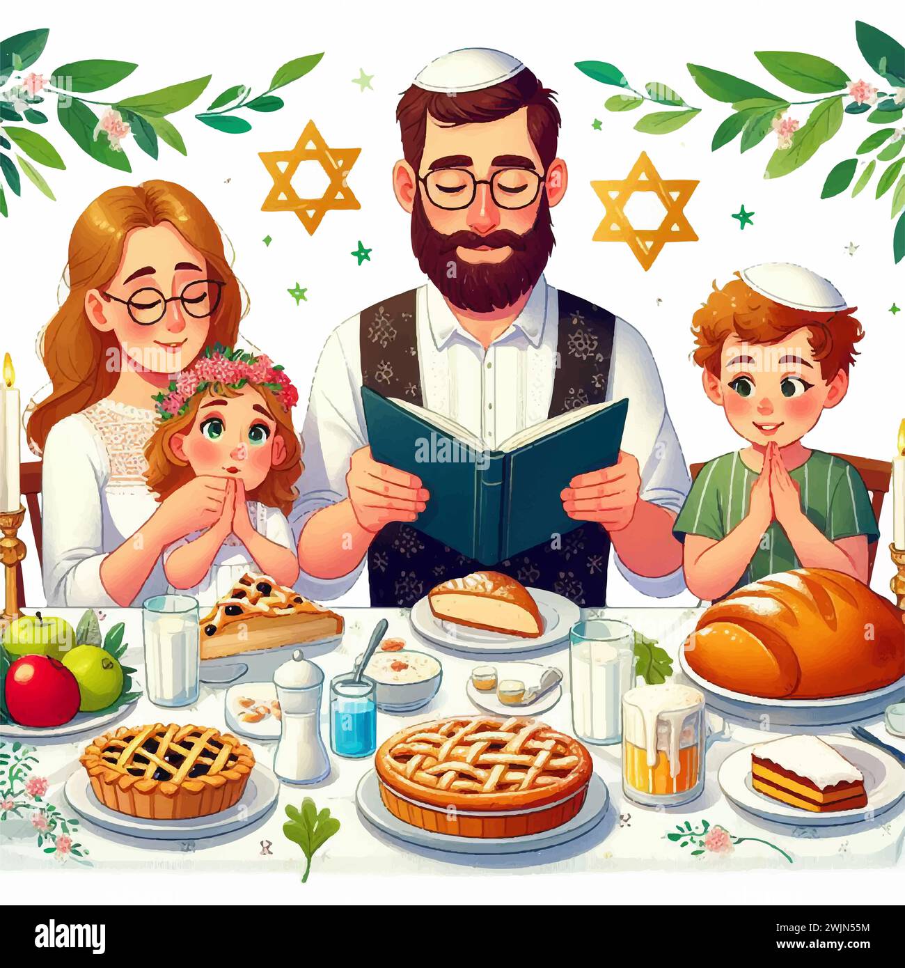 family at the festive table, dad reading a prayer, Shavuot, Star of ...