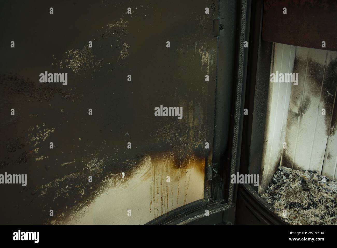 Dirty front glass from bad stove combustion Stock Photo - Alamy