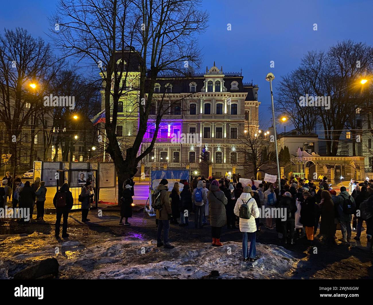 Riga, Latvia. 16th Feb, 2024. People demonstrate on the square opposite ...