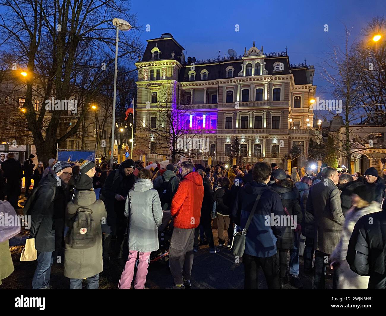 Riga, Latvia. 16th Feb, 2024. People demonstrate on the square opposite ...