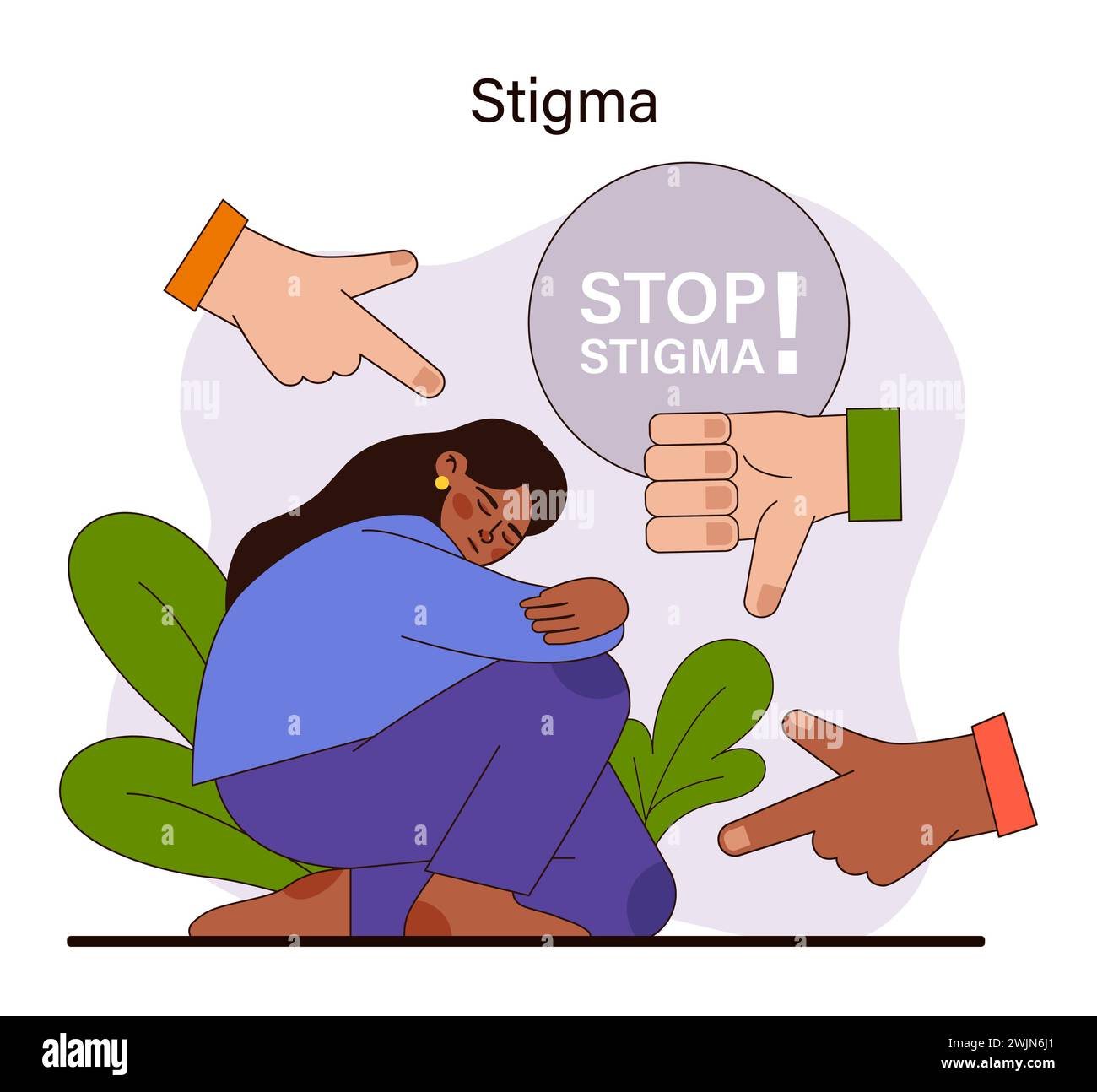 Stigma concept. Illustration of an individual facing societal judgement with a call to stop ...