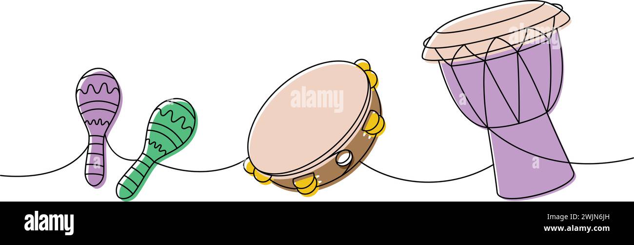 Drum musical instruments one line colored continuous drawing. Djembe ...