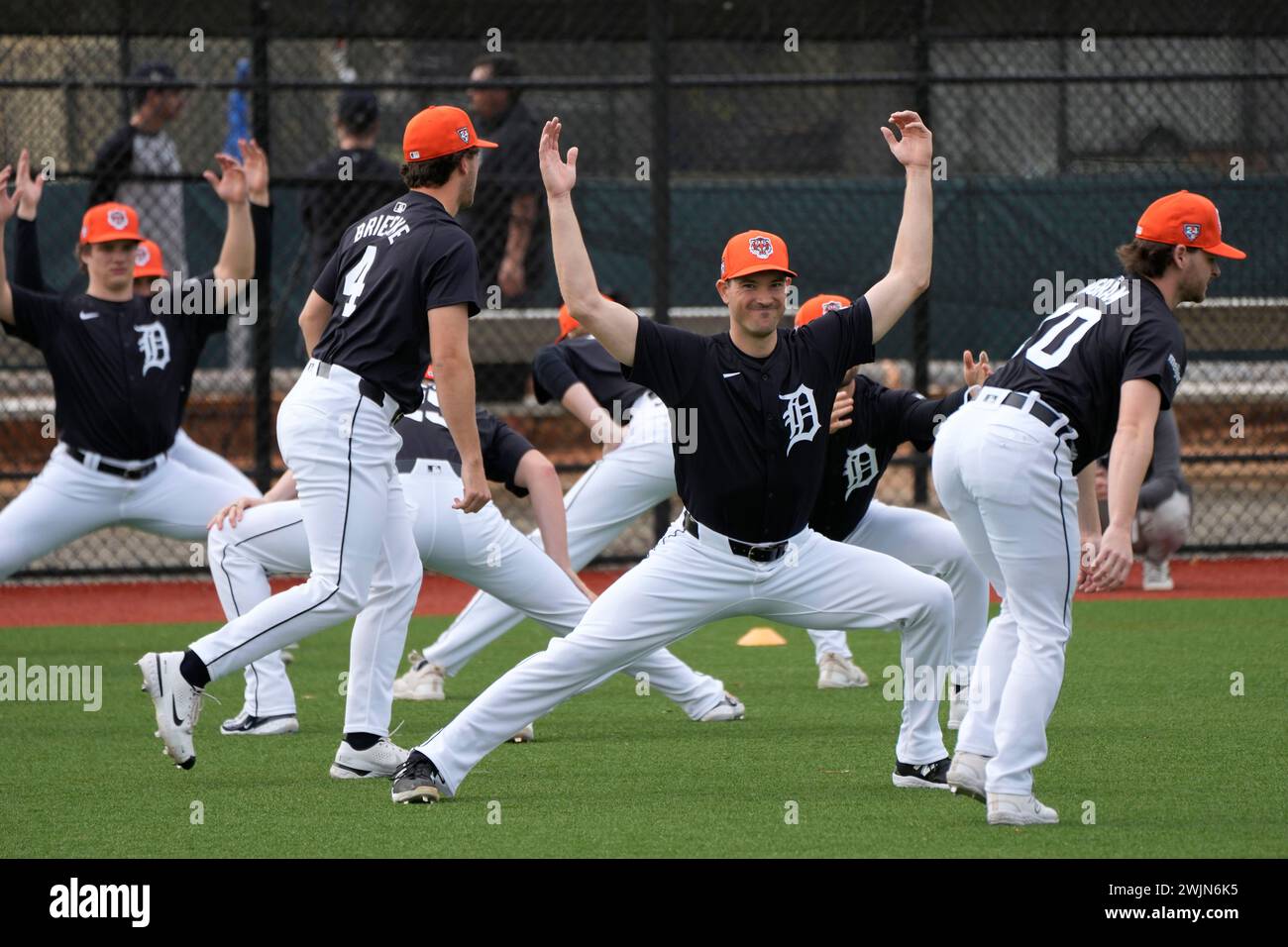 Detroit Tigers pitcher Drew Anderson, center, stretches during a ...