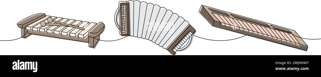 Set of musical instruments one line colored continuous drawing. Wooden ...