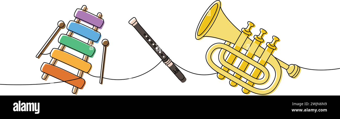Various musical instruments one line colored continuous drawing. Wooden ...