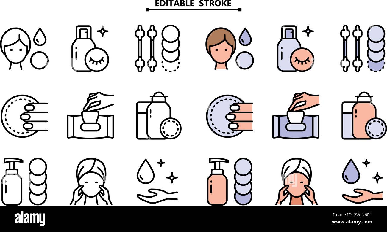 Makeup removal and skin care icons set. Editable stroke. Simple flat ...