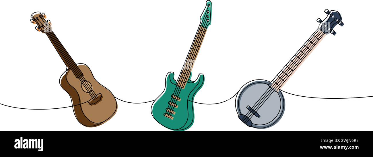 String musical instruments one line colored continuous drawing ...