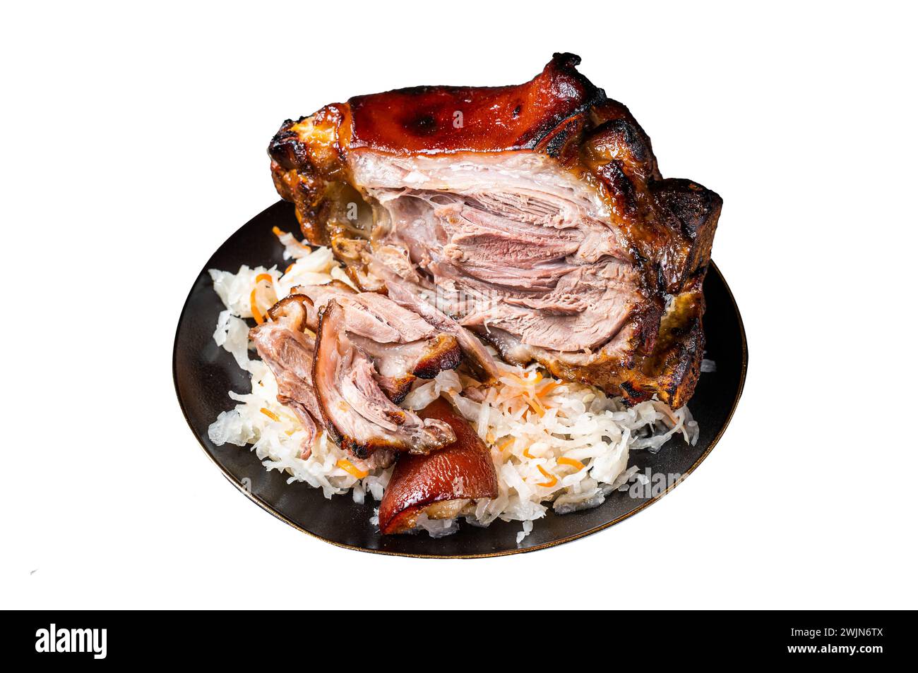 Roast Pork Ham Hock, knuckle with Sauerkraut on a plate. Isolated on ...