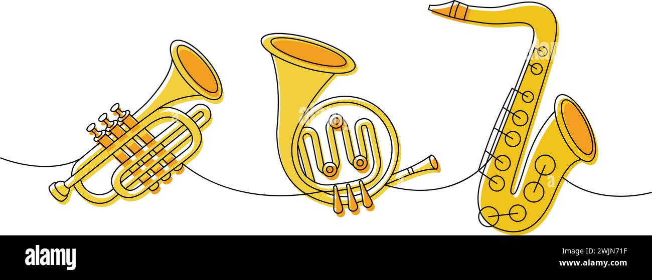 Wind musical instruments one line colored continuous drawing. Tuba ...