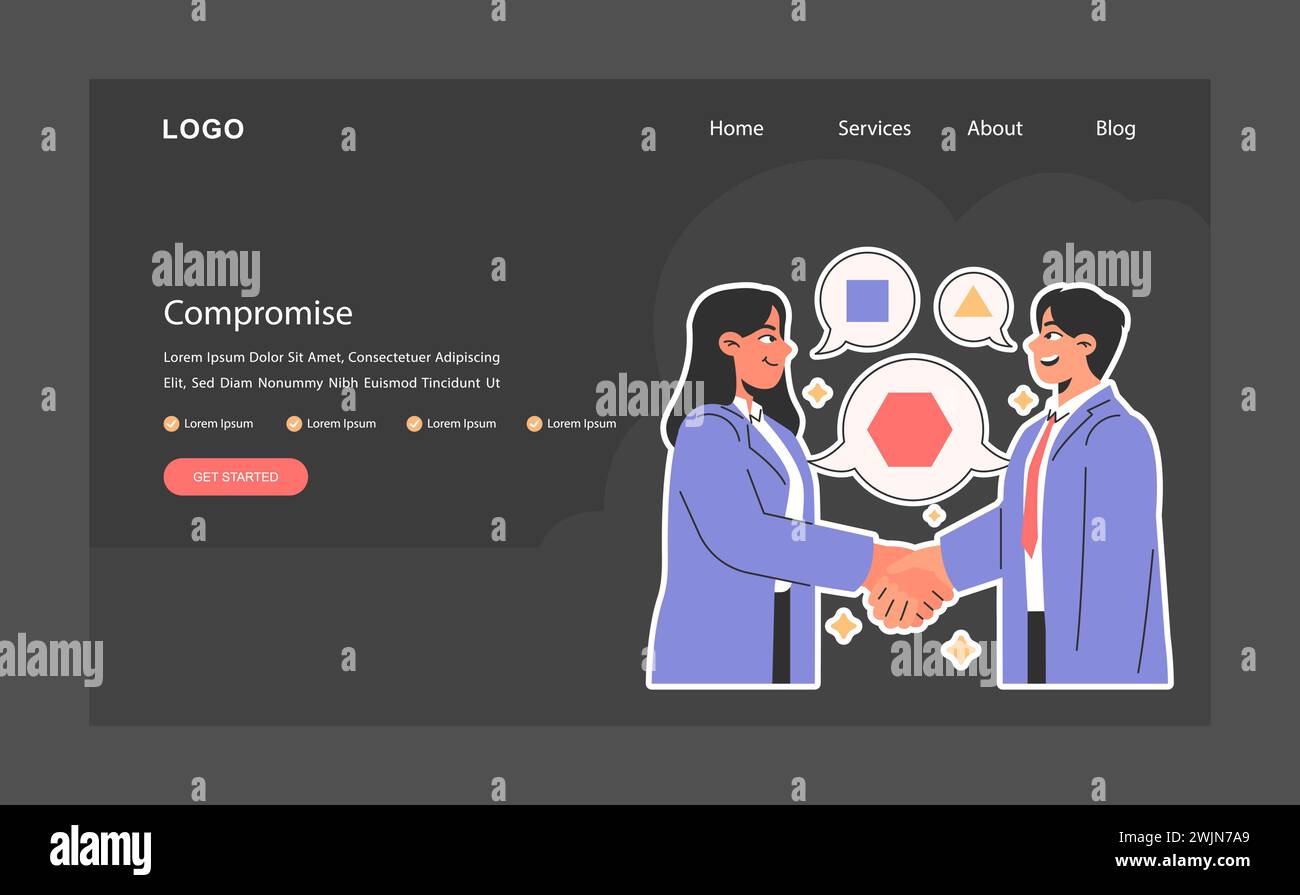 Compromise dark or night mode web, landing. Two professional businesspeople shake hands. Shared ...