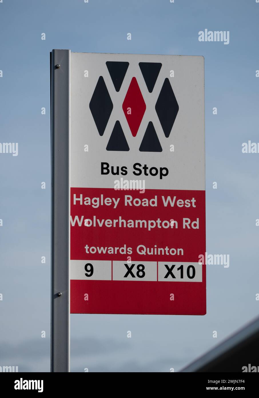 A bus stop sign in Hagley Road West, Quinton, West Midlands, England ...