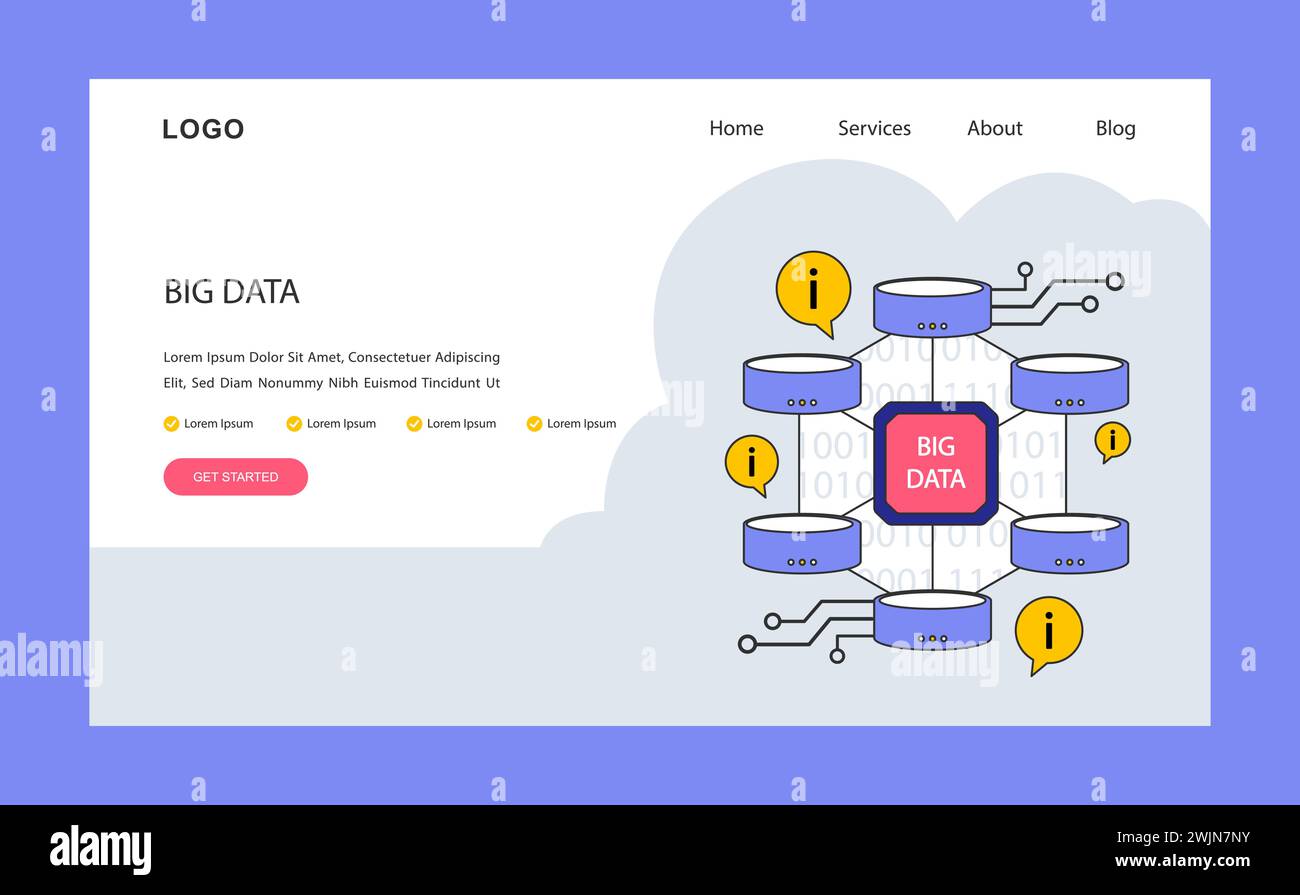 Big data web or landing. Intricate network of data processing and storage. Centralized ...
