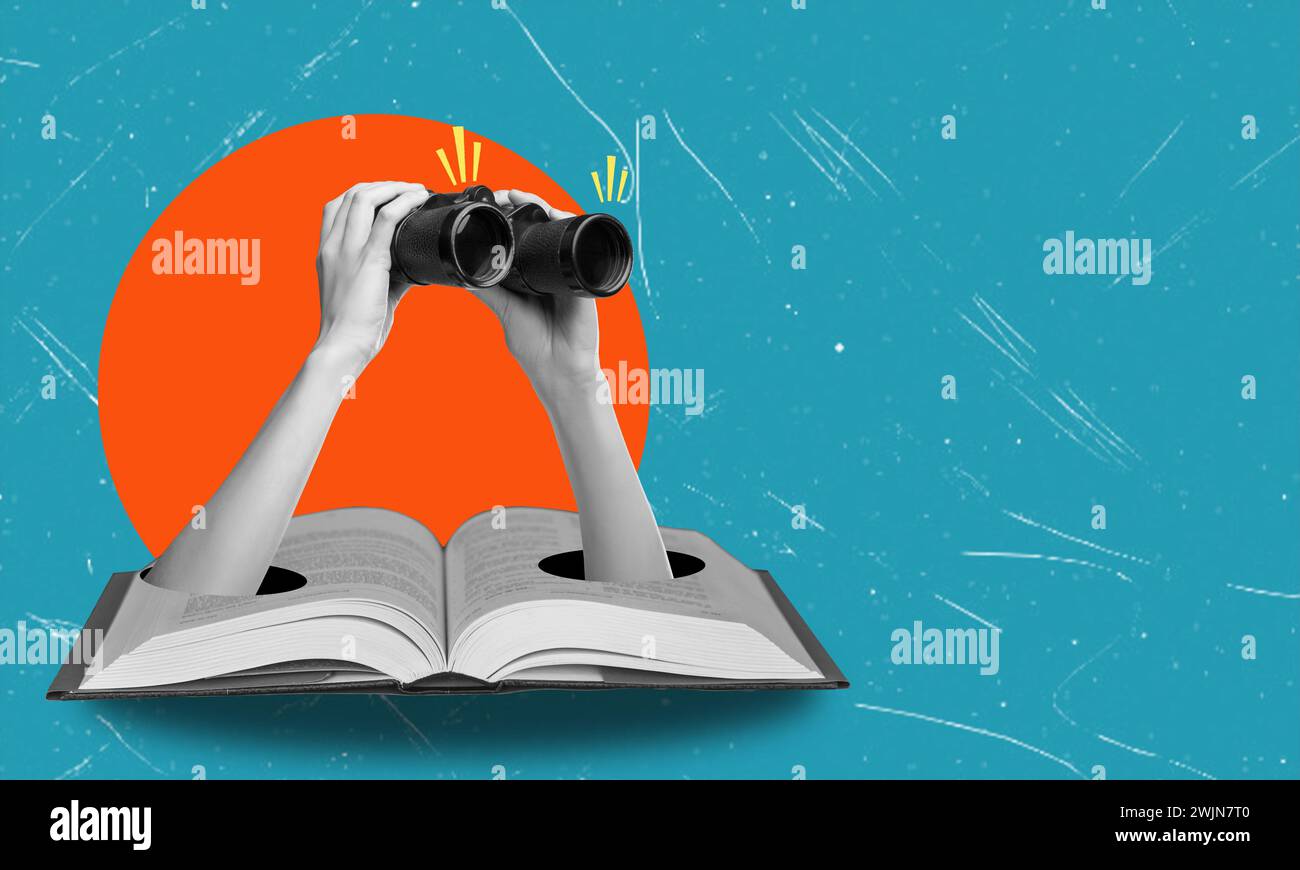 Art collage, image of hands with binoculars from a book with background ...