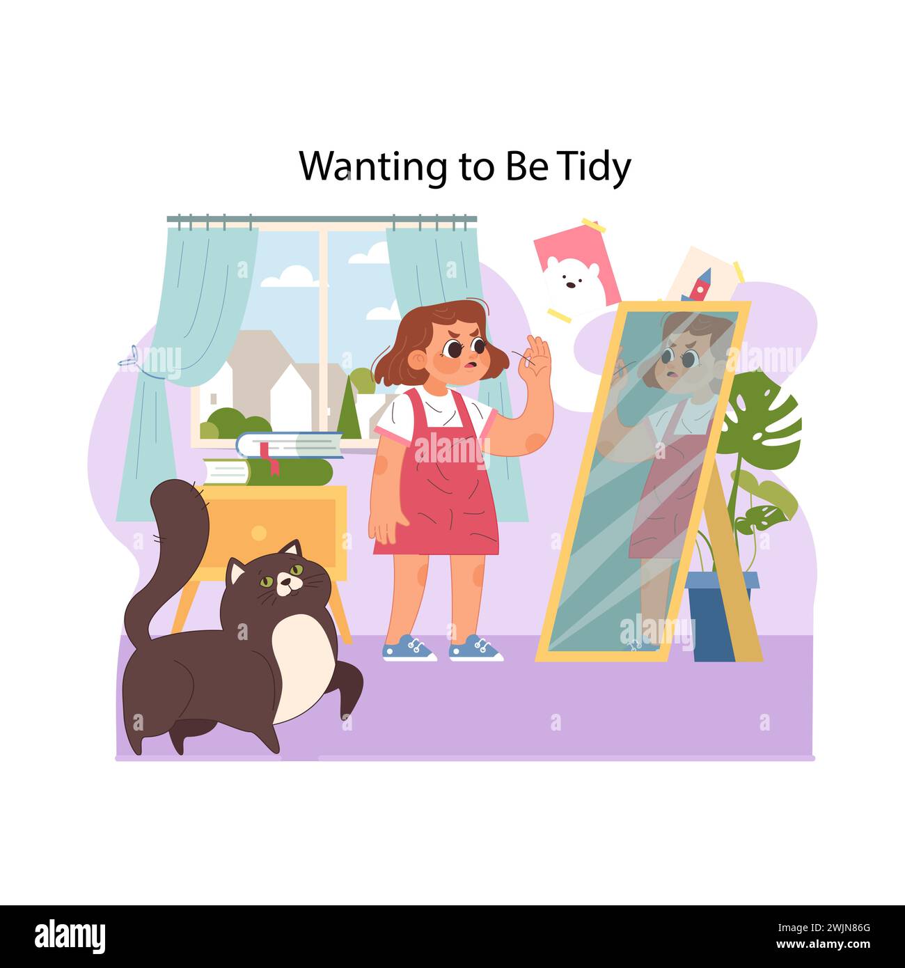 Aspiring tidiness concept. Young girl looking annoyed and cleaning her ...