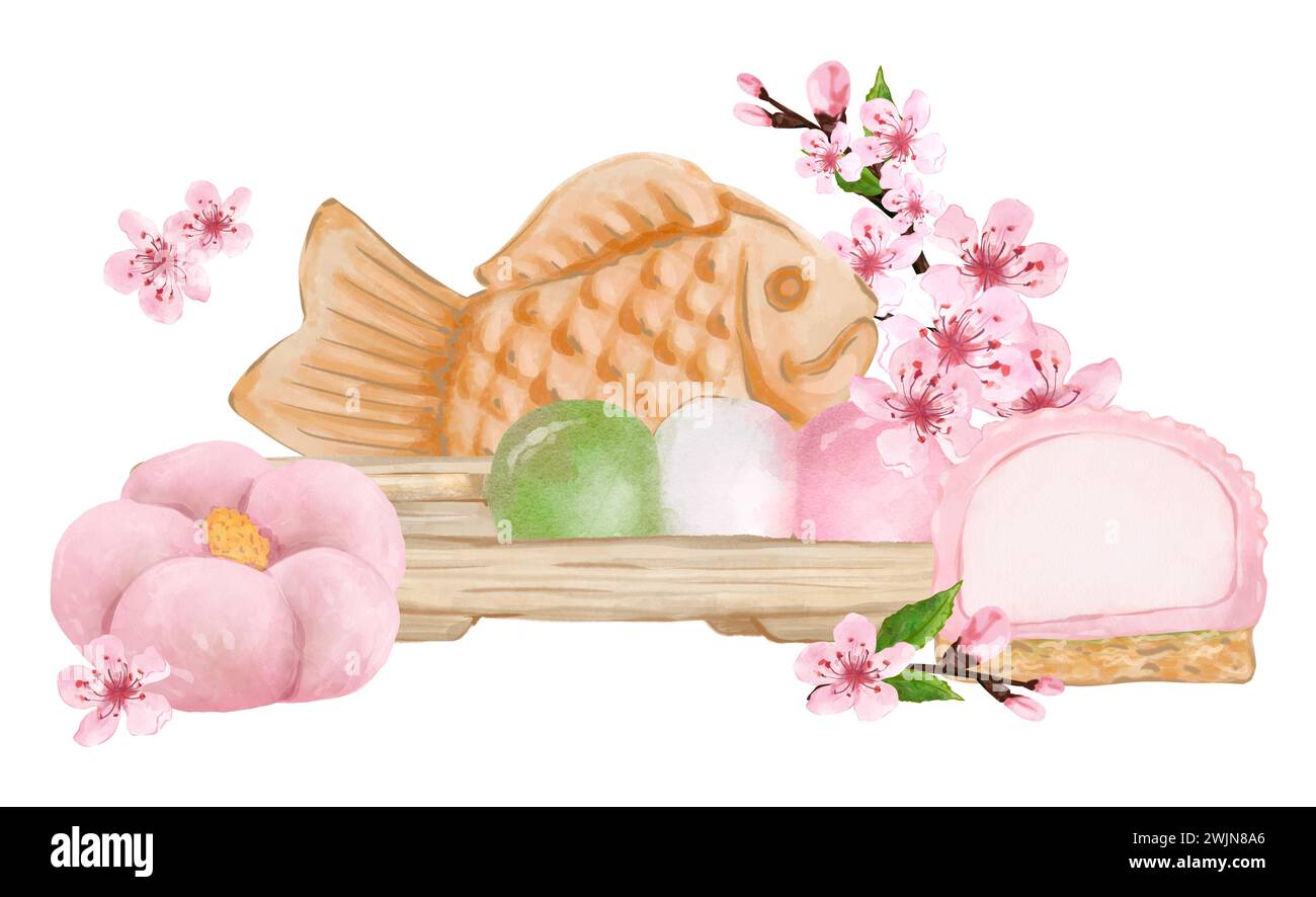 Hanami Festival. Traditional Japanese dessert and sakura flowers ...