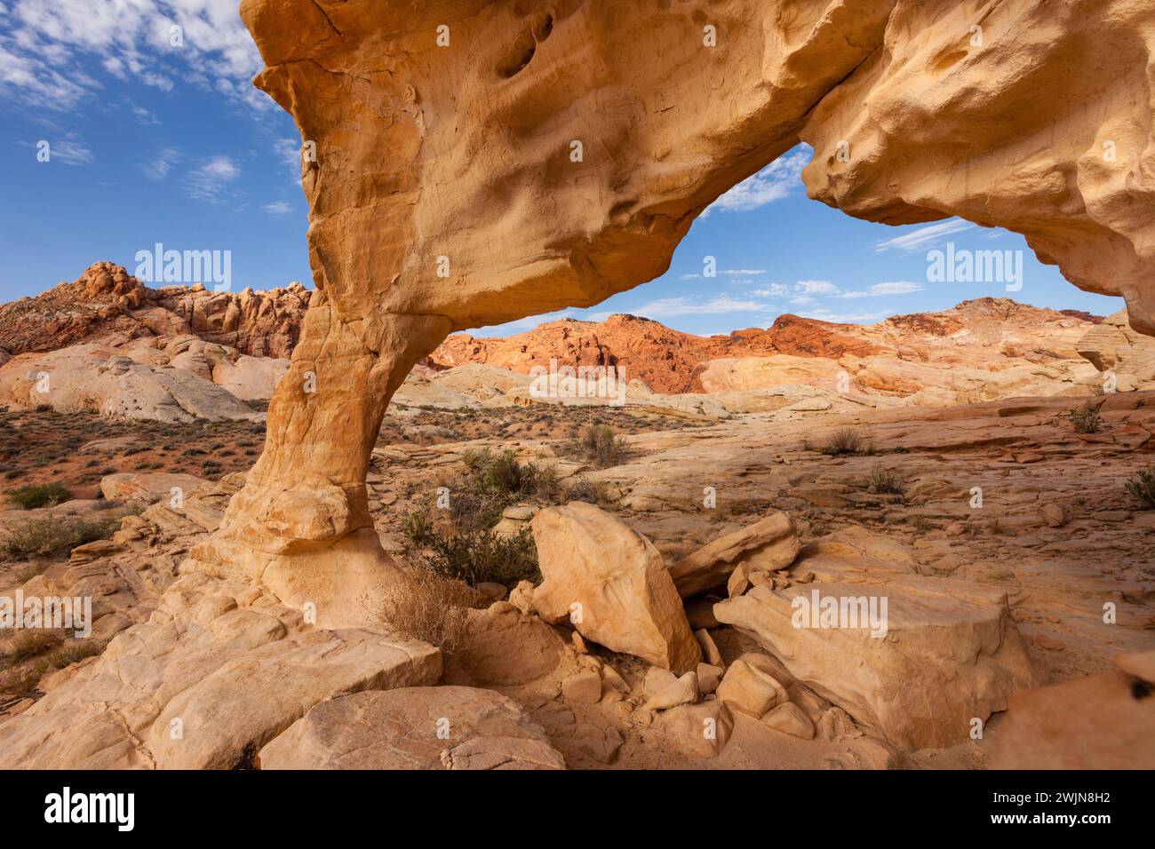 An unnamed natural arch in the eroded Aztec sandstone of Valley of Fire ...