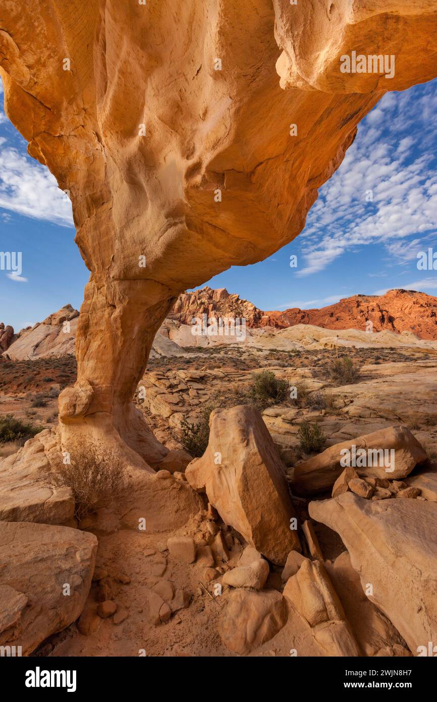 An unnamed natural arch in the eroded Aztec sandstone of Valley of Fire ...