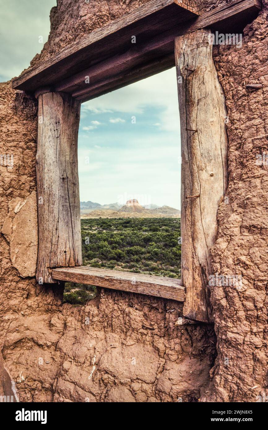 The window of an old ruin at Hot Springs frames the desert landscape in ...