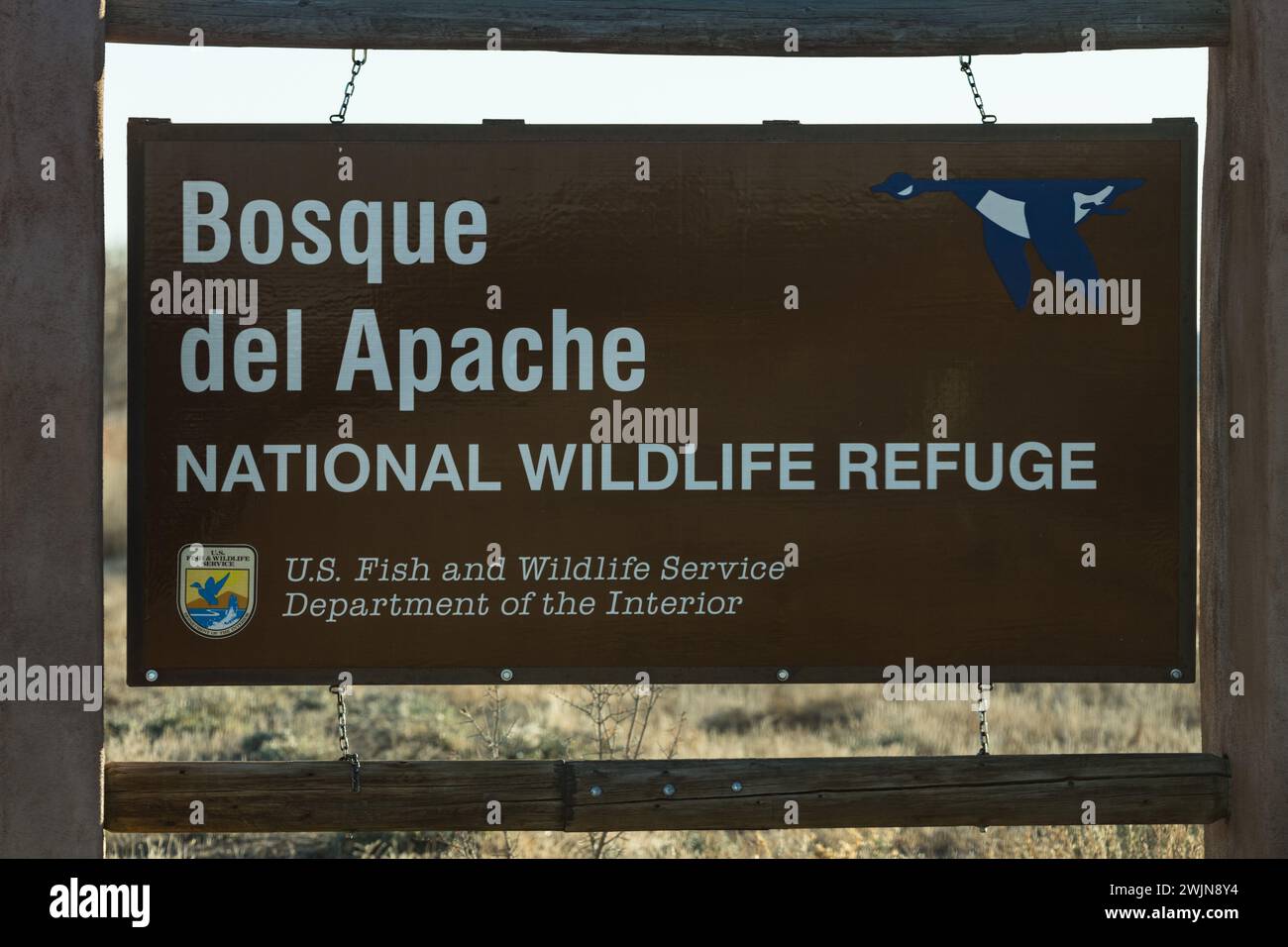 The entrance sign for the Bosque del Apache National Wildlife Refuge ...