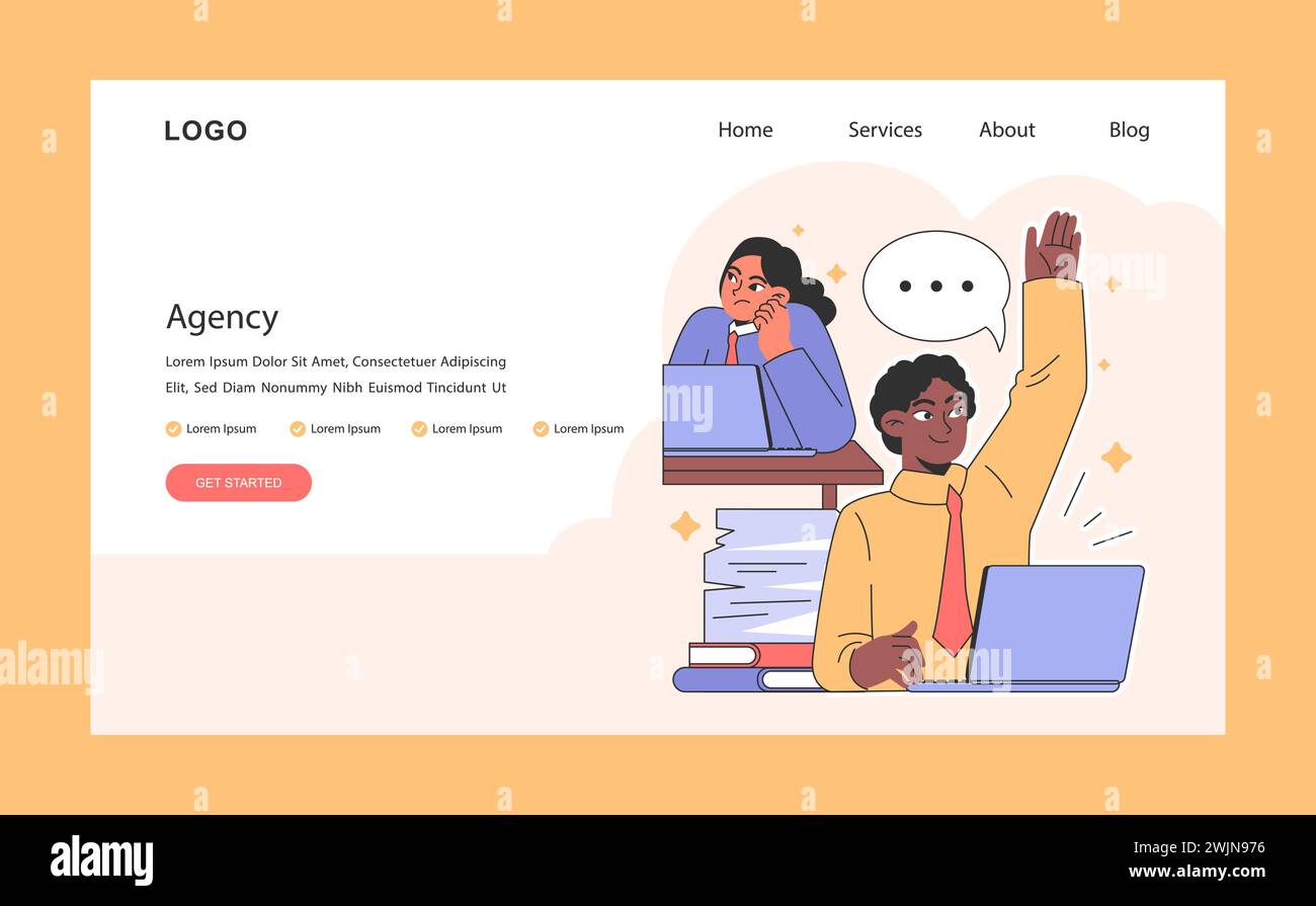 Agency web or landing. Proactive employee raises hand with solution ...