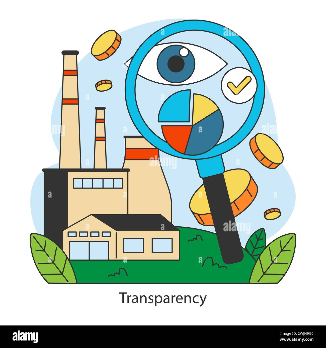 Transparency in industry concept. Magnified view on business practices ... Transparency in industry concept. Magnified view on business practices ...