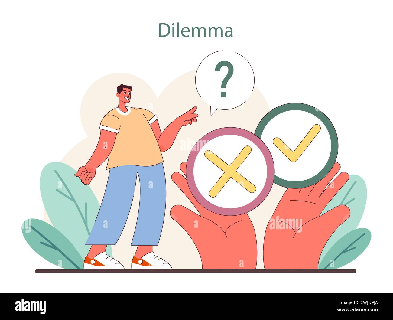 Dilemma concept. A person contemplates choices, illustrated by a yes-no ...