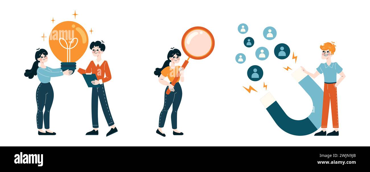 Innovation and Recruitment set. Energetic team sharing bright ideas and ...