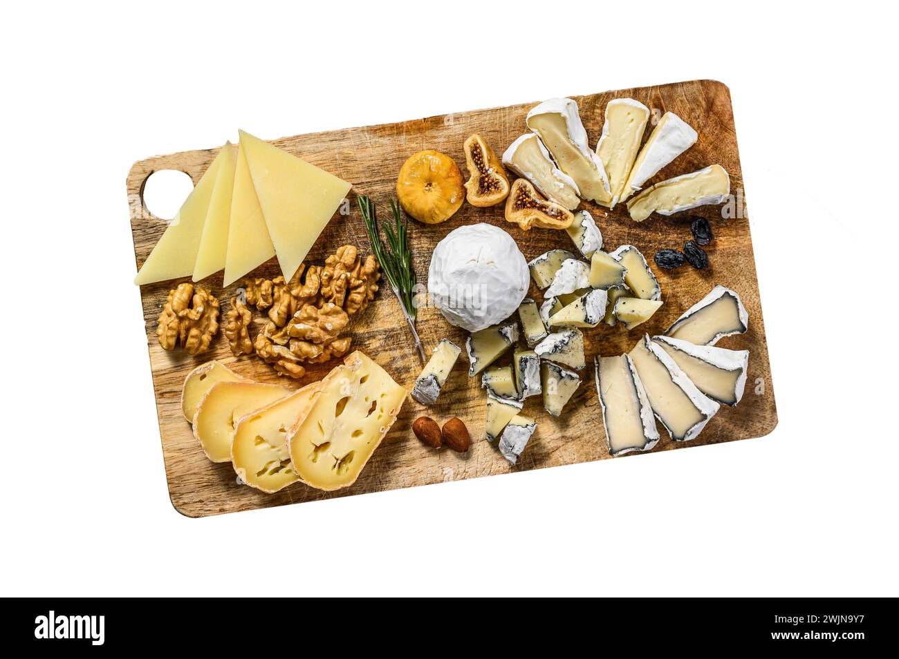 Cheese platter with French organic cheeses, figs, nuts Isolated on ...