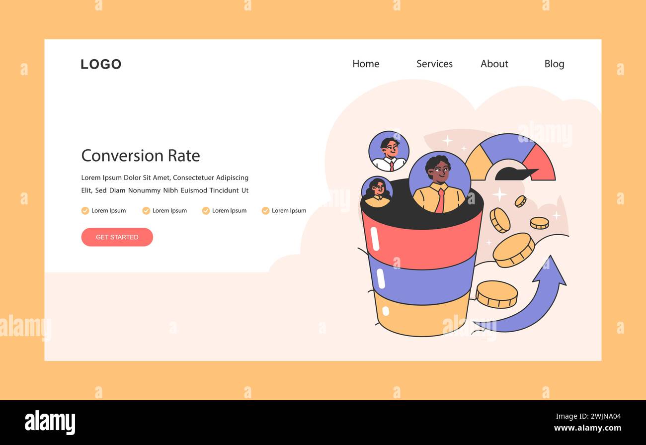 Conversion rate concept. Illustration of marketing funnel dynamics with an uptick in profits ...