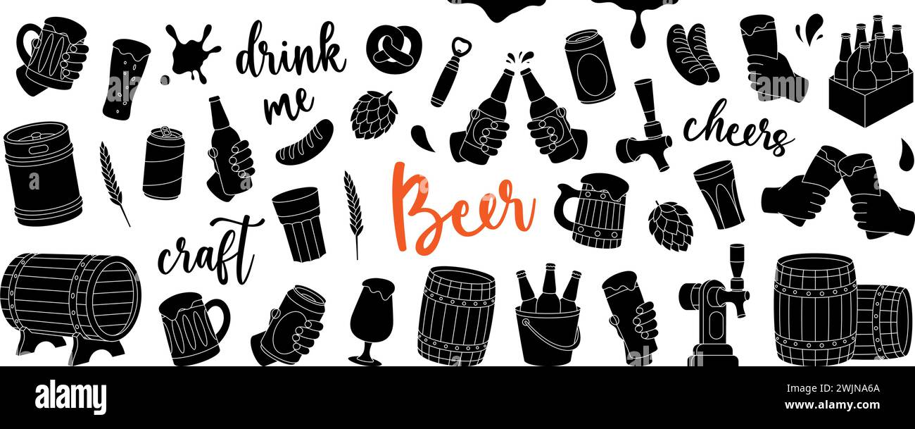 Beer set. Old wooden barrels, cans, glasses, mugs. Brewing process ...