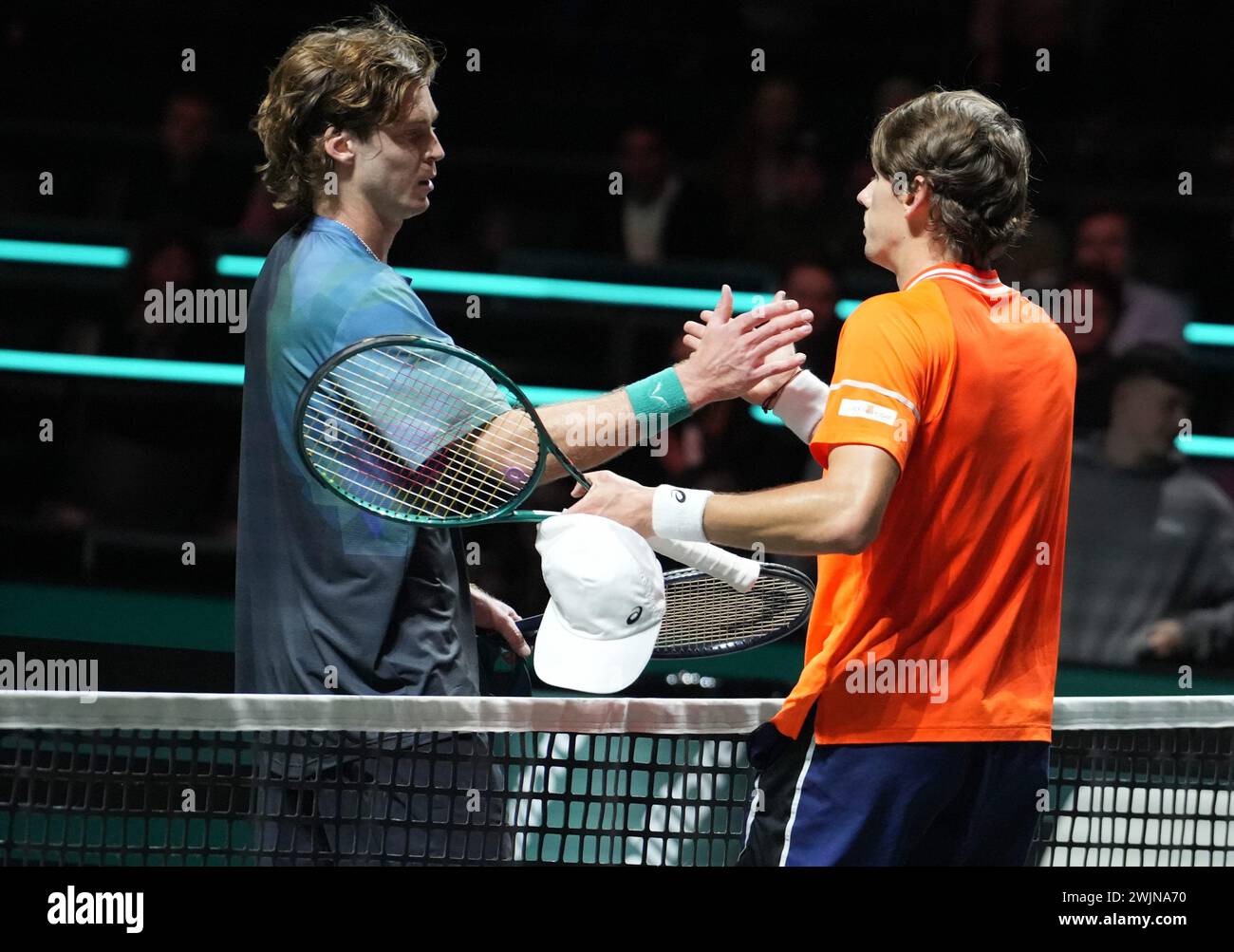 Rotterdam, Netherlands. 16th Feb, 2024. Andrey Rublev of Russia and Alex de Minaur of Australia ...