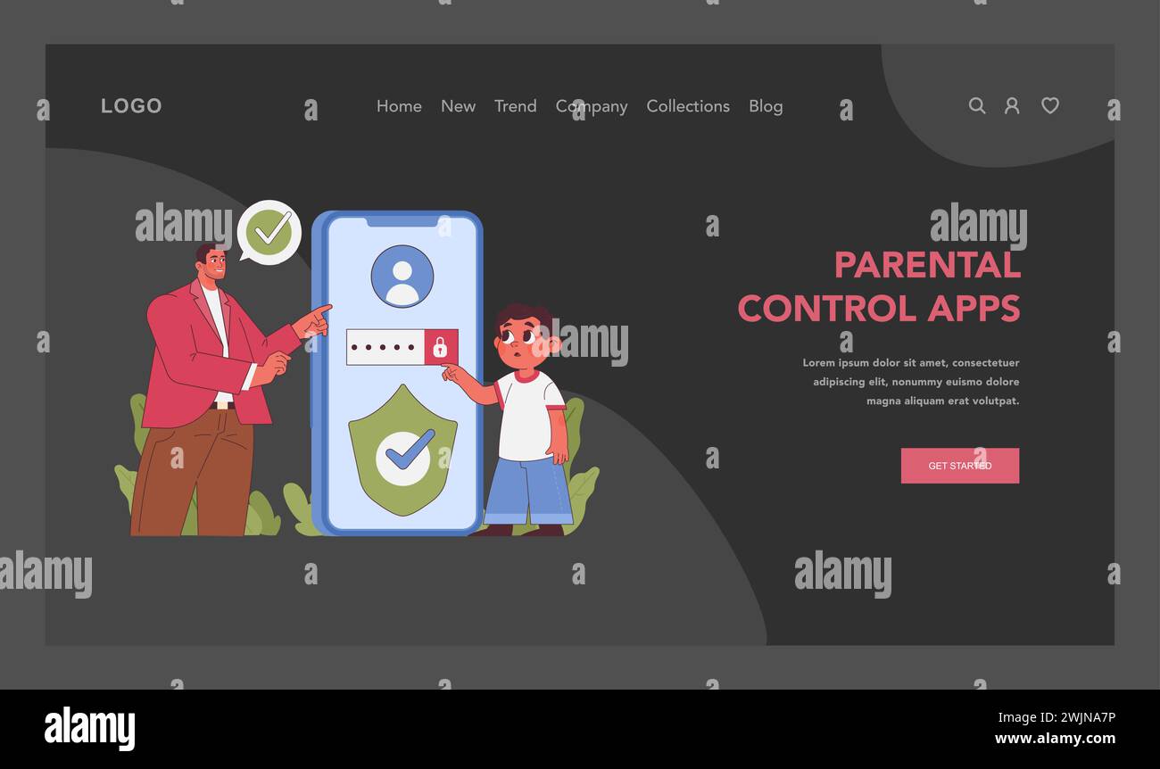 Parental control apps concept. Man shows little boy security phone application. Responsible ...