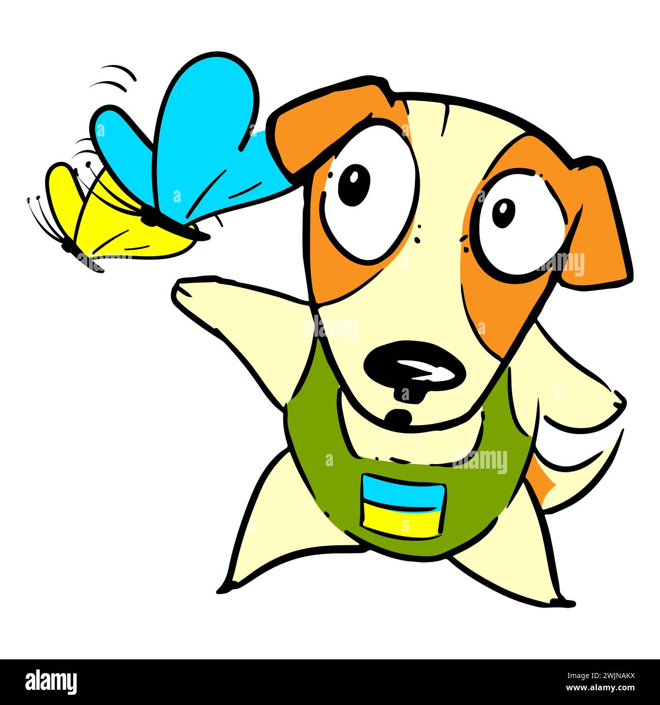Patron dog with blue-yellow butterflies on white background Stock ...