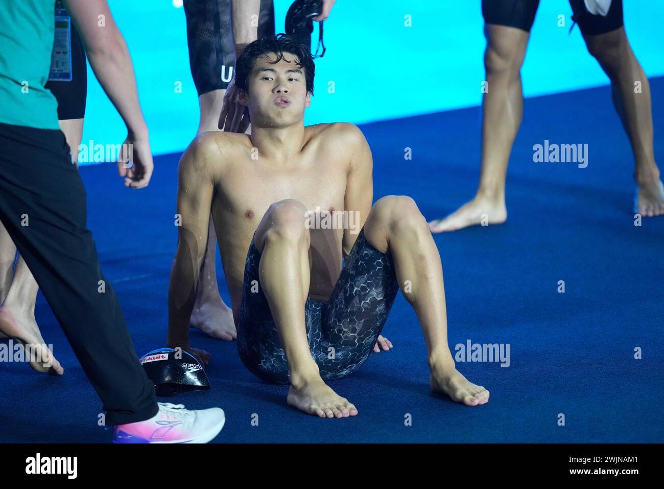 Hwang Sun-woo of South Korea reacts after competing in the men's 4x200m ...