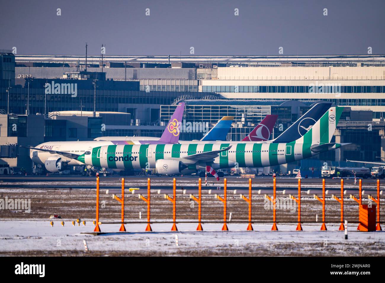 Aircraft on the taxiway at Frankfurt FRA Airport, Fraport, in winter, Hesse, Germany Stock Photo ...