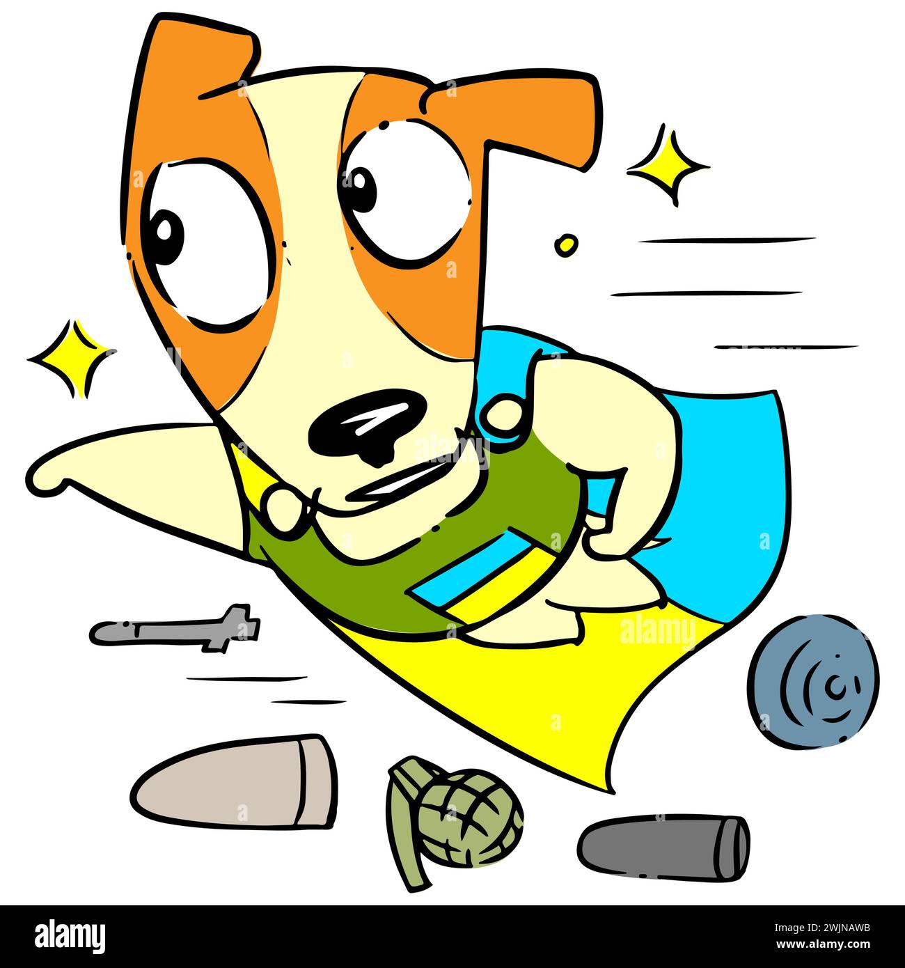 Patron dog flying through mines and missiles on white background Stock ...