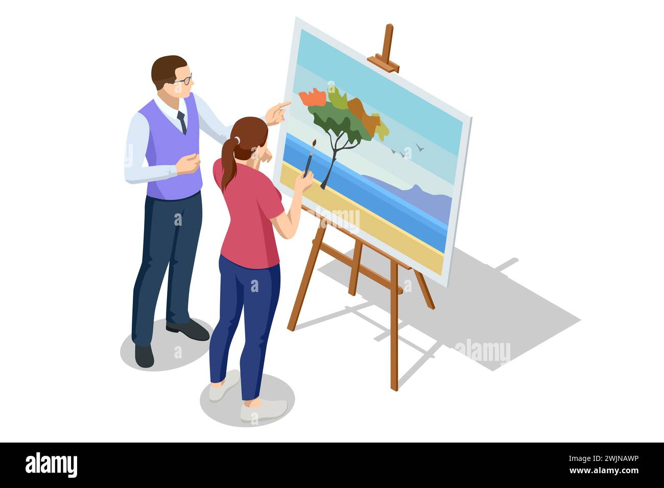 Isometric Female painter drawing in art studio using easel. Painting ...